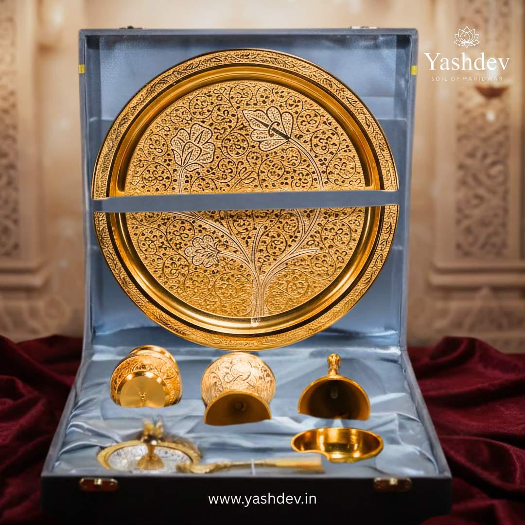 Gold & Silver Finish Pooja Thali Set with Velvet Box – 7 Pieces – Yashdev